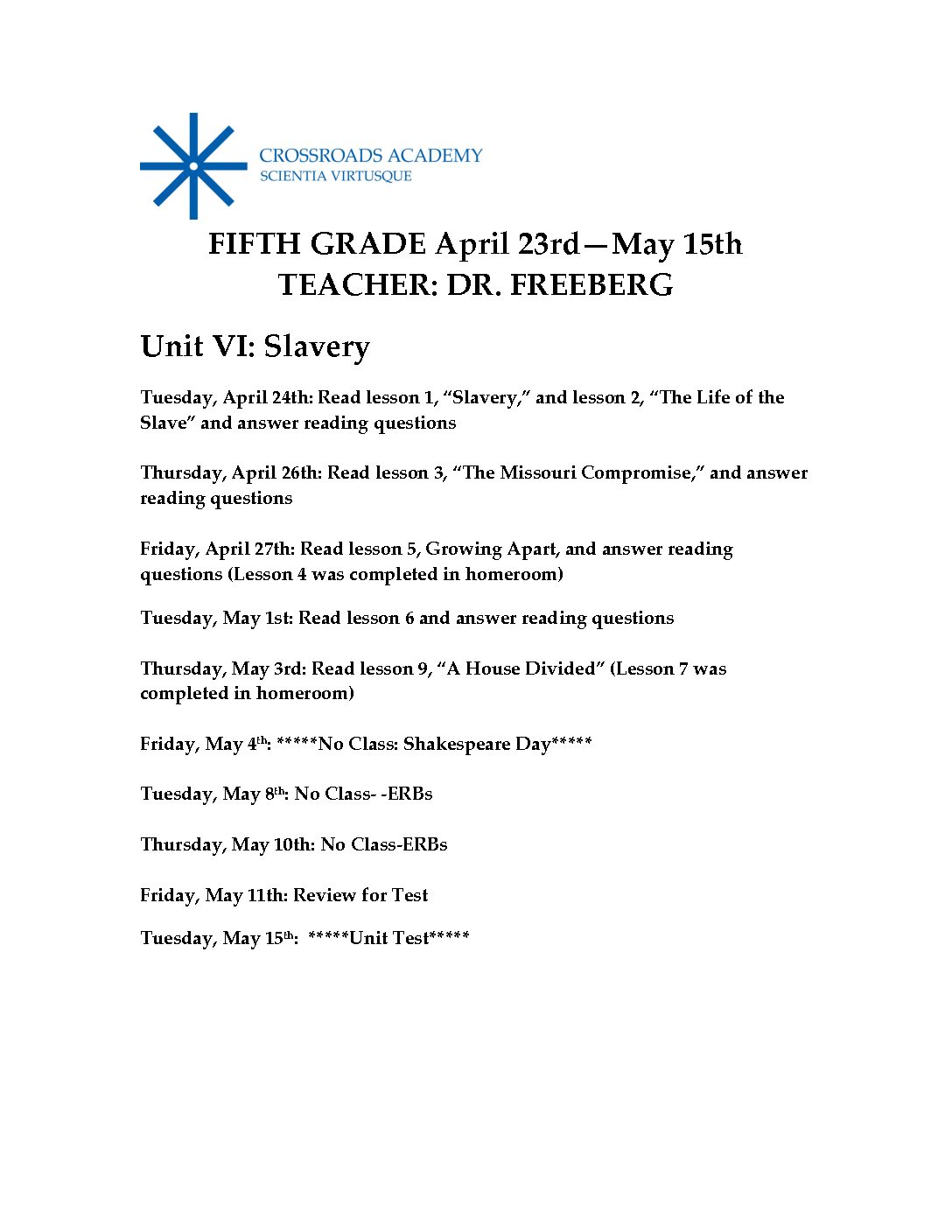 Fifth Grade Plans-8G-Slavery - Crossroads Academy