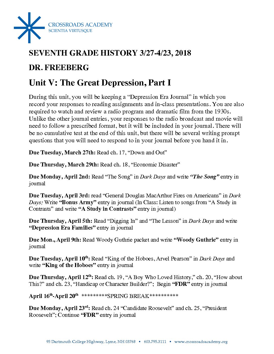 Seventh Grade History Plans-Unit 5-1930s - Crossroads Academy